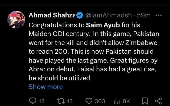 Ahmed Shehzad lauds Saim, Abrar after Pakistan’s series-levelling win - Social Buzz - geosuper.tv